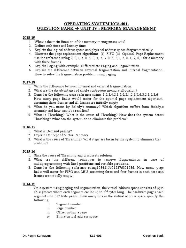 Operating System Kcs-401. Question Bank À Unit-Iv: Memory Management | PDF | Data | Computer Memory