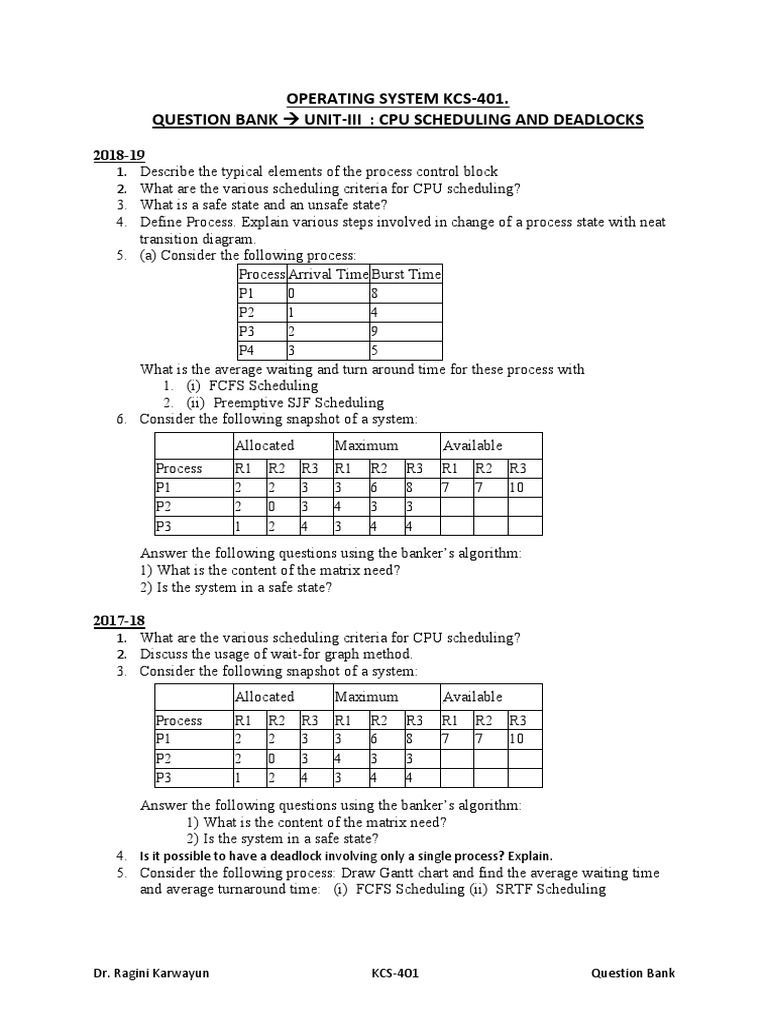 Operating System Kcs-401. Question Bank À Unit-Iii: Cpu Scheduling and Deadlocks | PDF ...