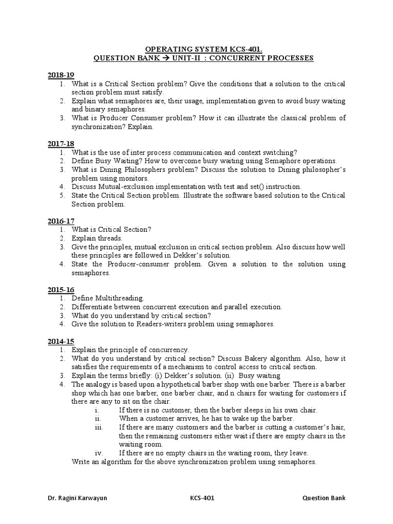 Operating System Kcs-401. Question Bank Unit-Ii: Concurrent Processes 2018-19 | PDF | Thread ...