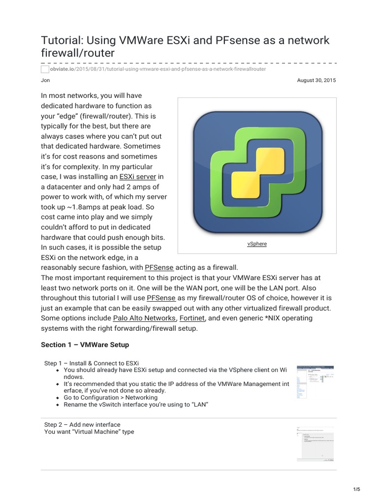 Tutorial Using Vmware Esxi And Pfsense As A Network Firewallrouter