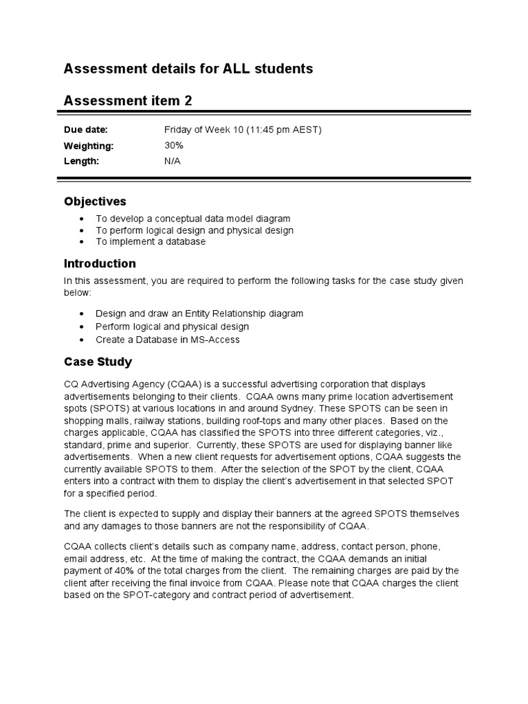 Assessment Details For ALL Students Assessment Item 2: Objectives | PDF ...