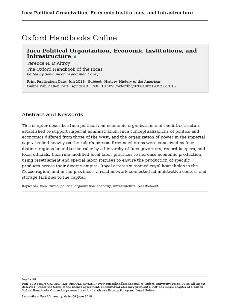 12 D'Altroy - Inca Political Organization | PDF | Inca Empire | Taxes