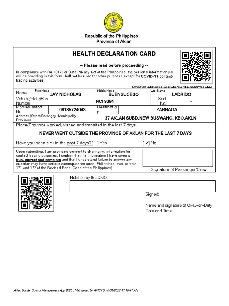 Health Declaration Card: Republic of The Philippines Province of Aklan ...