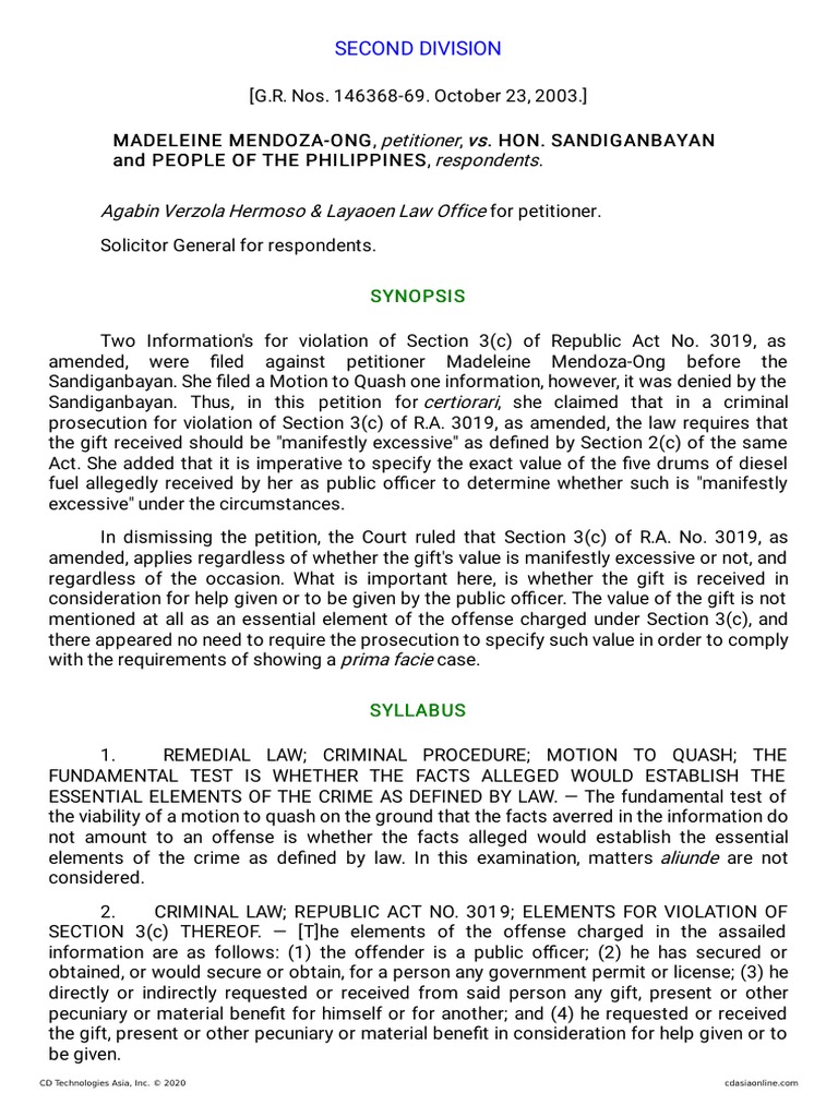 Mendoza-Ong vs. Sandiganbayan R.A. 3019 Case | PDF | Prosecutor | Crime ...