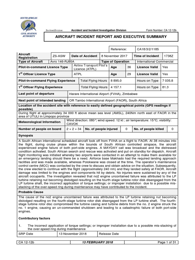 Aircraft Incident Report and Executive Summary: Section/division | PDF ...