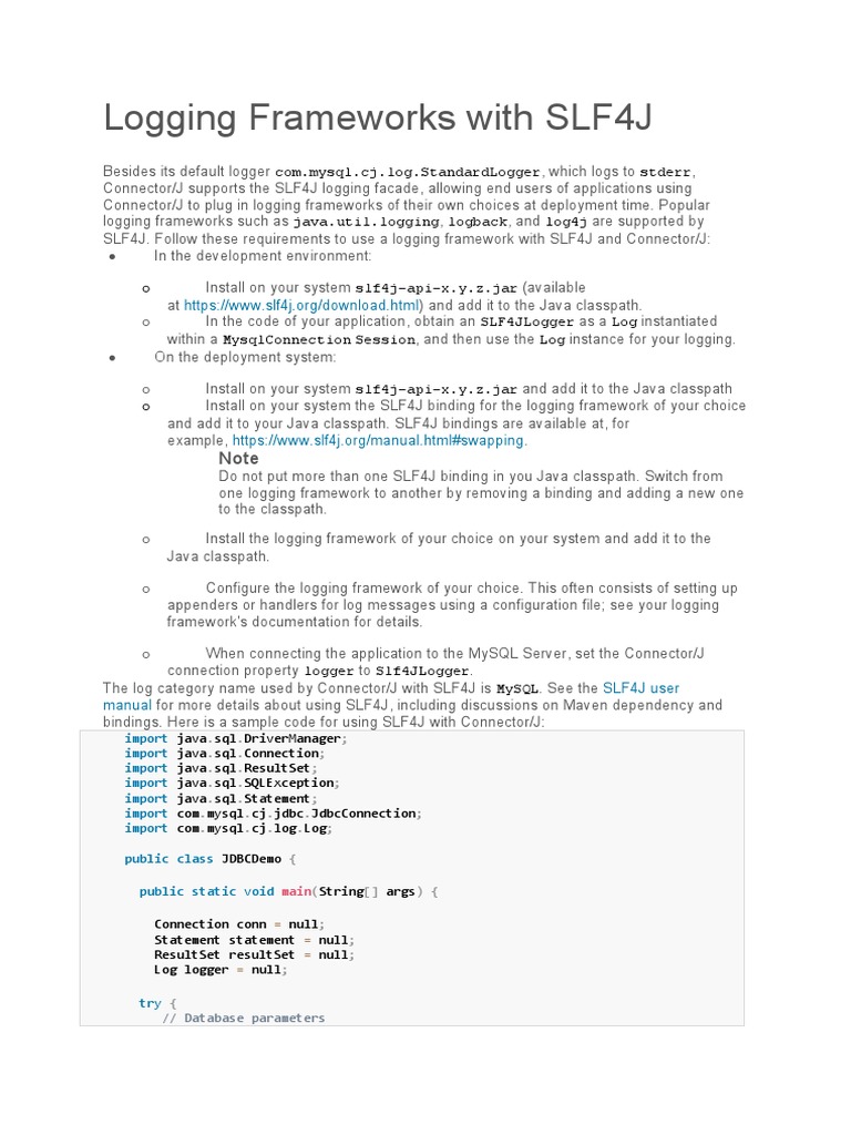 Logging Frameworks With Slf4J: Com - Mysql.Cj - Log.Standardlogger ...