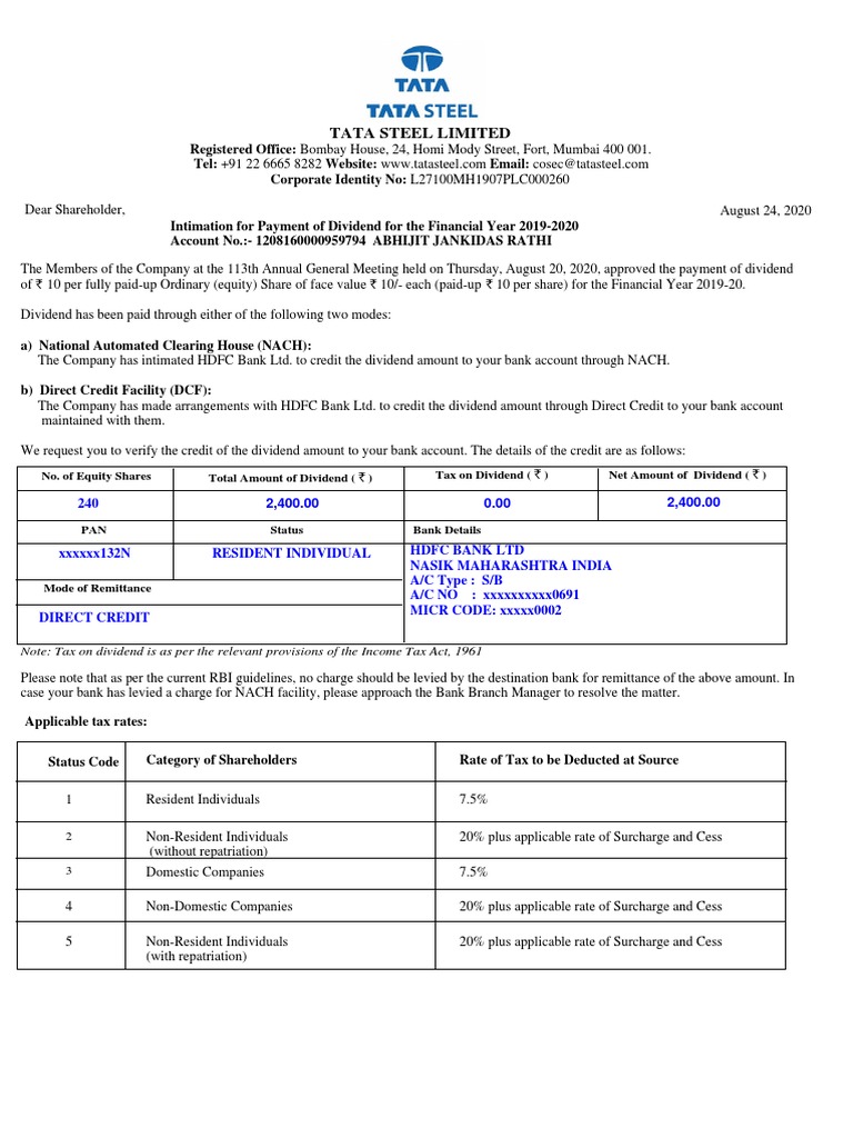 Tata Steel Intimation Letter | PDF | Dividend | Taxes