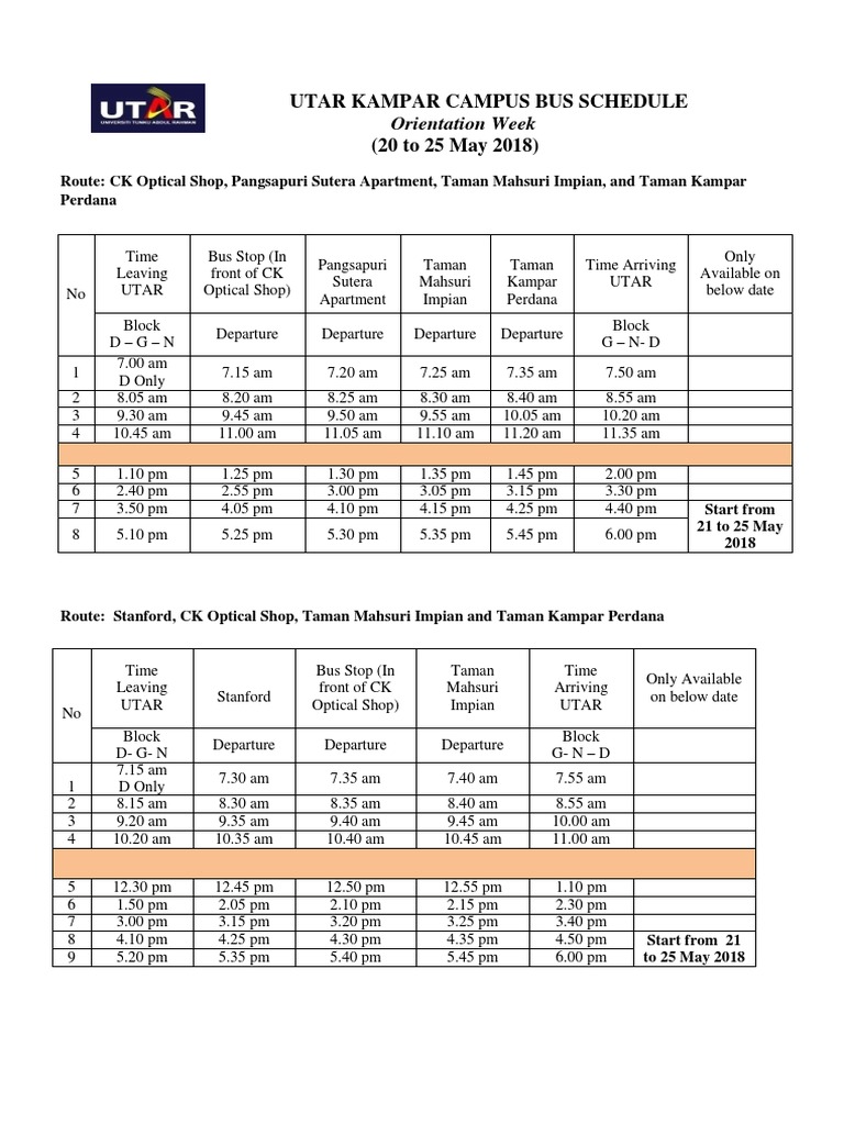 Utar Kampar Campus Bus Schedule (20 To 25 May 2018) : Orientation Week ...