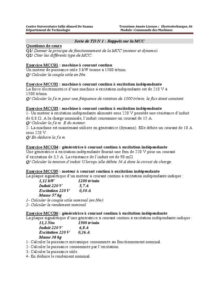 Serie de TD 1 Commande de MCC PDF | PDF | Technologie et ingénierie