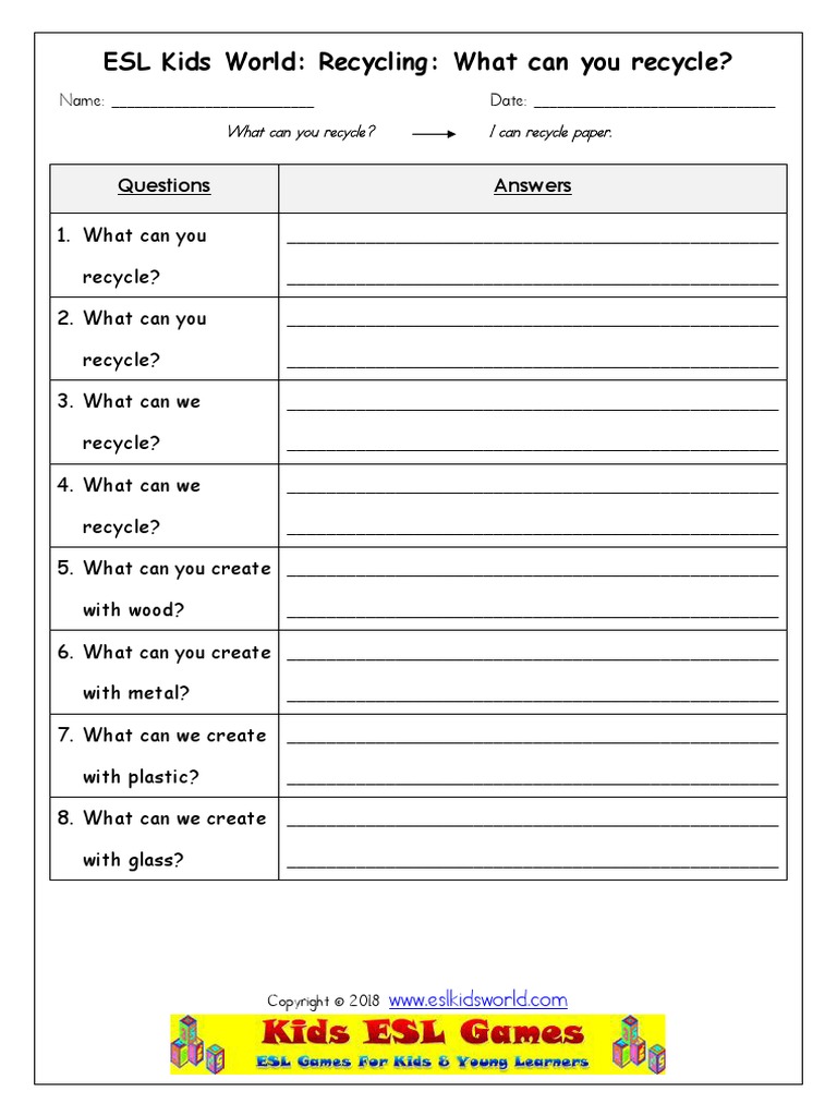 ESL Kids World: Recycling: What Can You Recycle?: Questions Answers | PDF