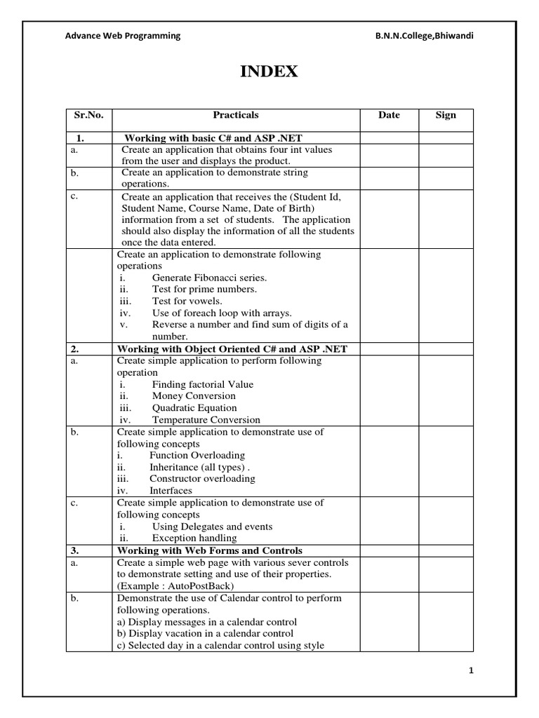 Index: SR - No. Practicals Date Sign 1 | PDF | C Sharp (Programming Language) | Web Application