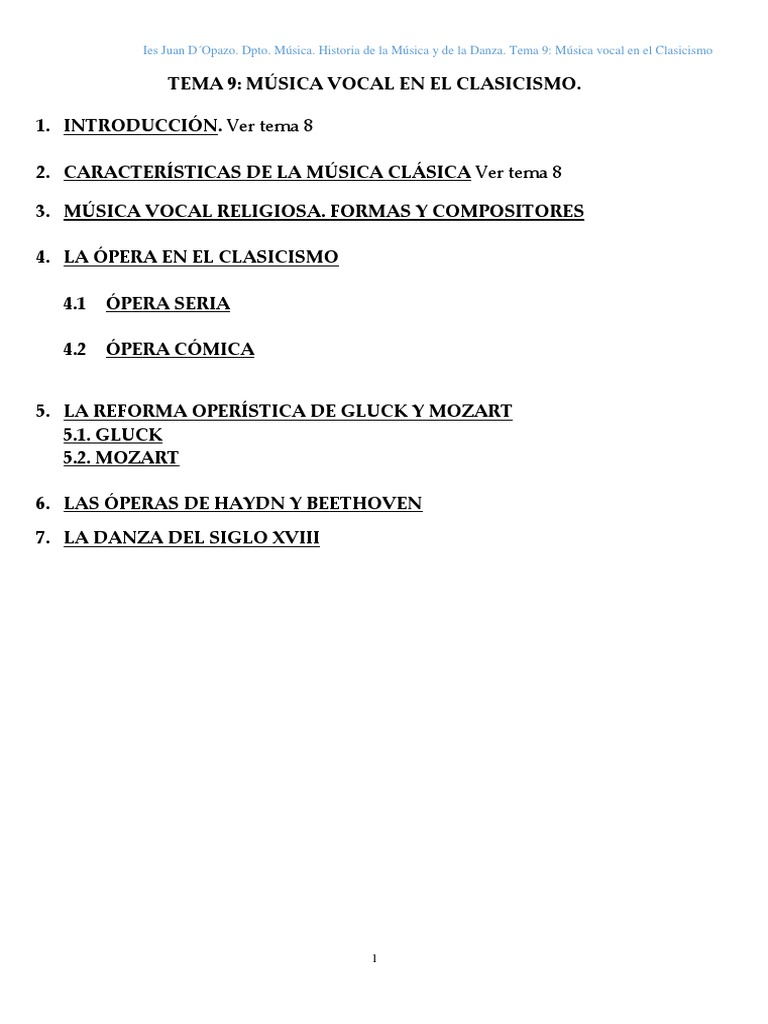 Tema 9 Música Vocal Del Clasicismo PDF | PDF | Ópera | Wolfgang Amadeus Mozart