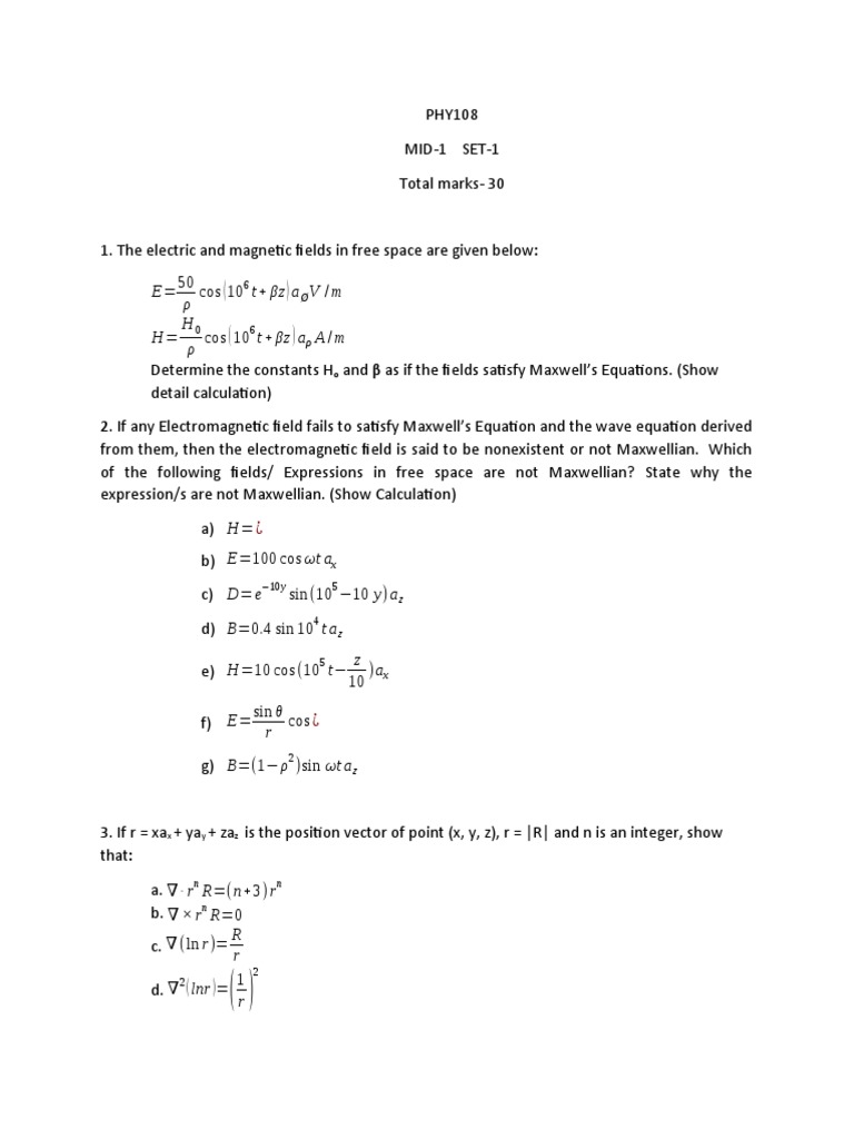 E= ρ t+ βz a V/m H= H ρ t + βz a A/m | PDF | Electric Field | Maxwell's ...
