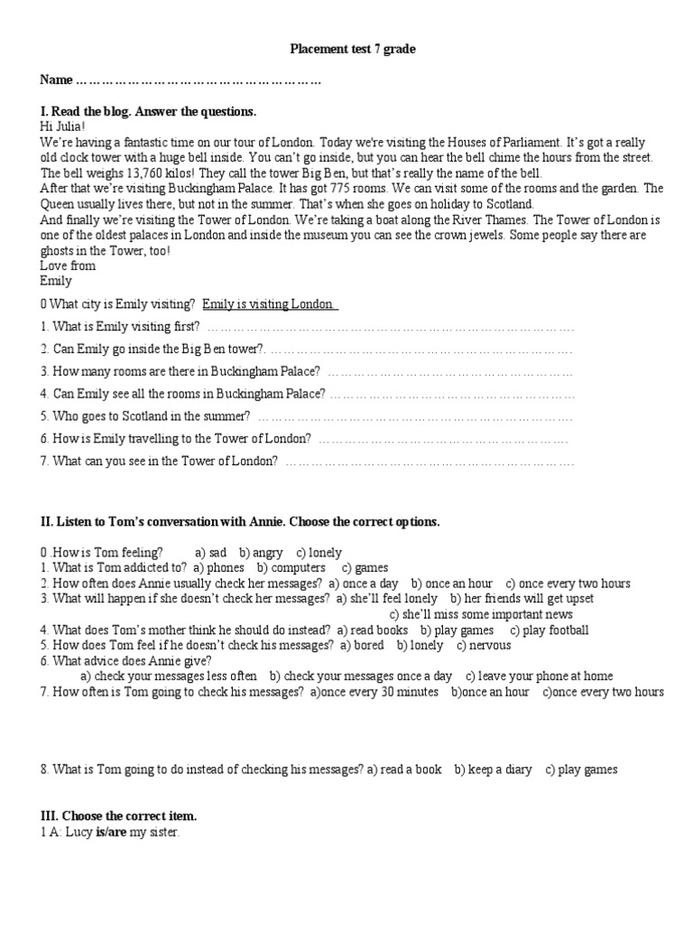 Placement Test 7 Grade Name I. Read The Blog. Answer The Questions | PDF