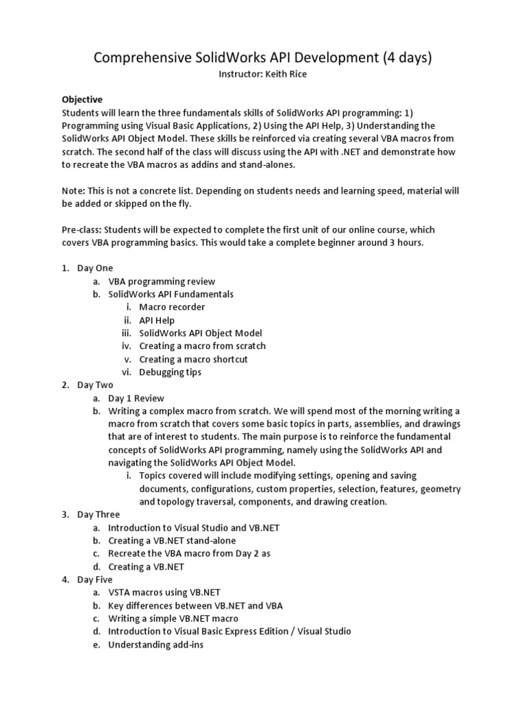 Comprehensive Solidworks Api Development 4 Days Objective Pdf
