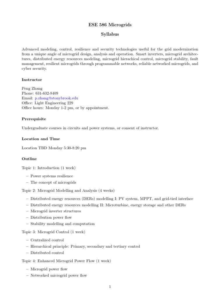 ESE 586 Microgrids Syllabus: P.zhang@stonybrook - Edu | PDF | Distributed Generation | Energy ...