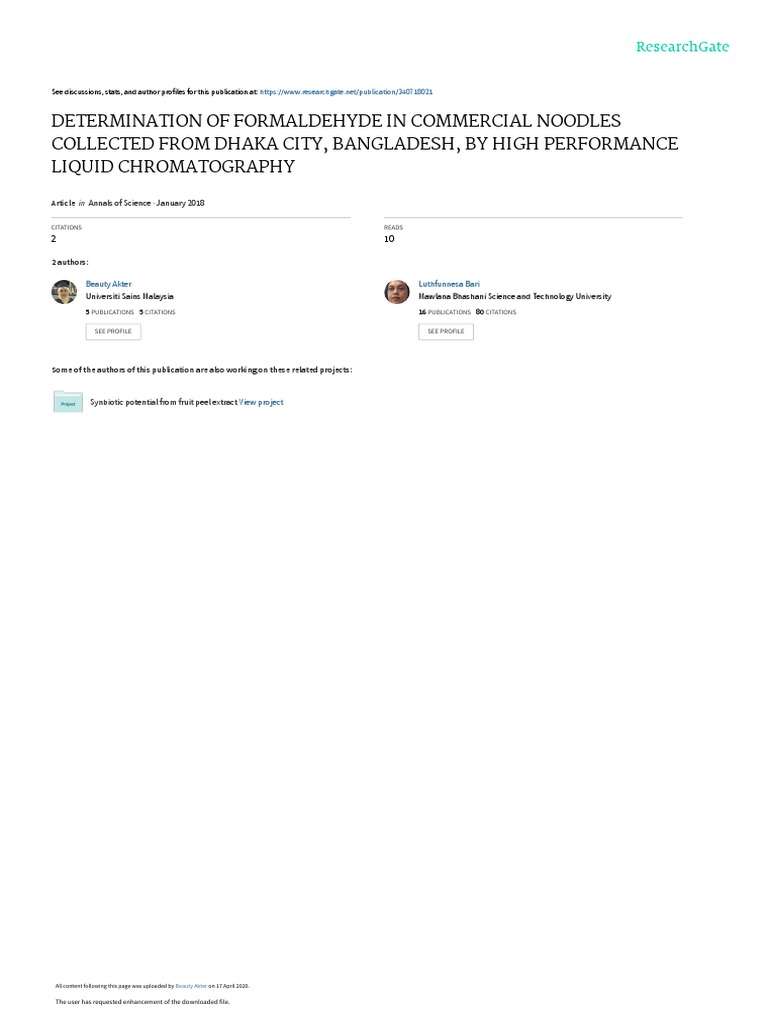 Determination of Formaldehyde in Commercial Noodles Collected From ...