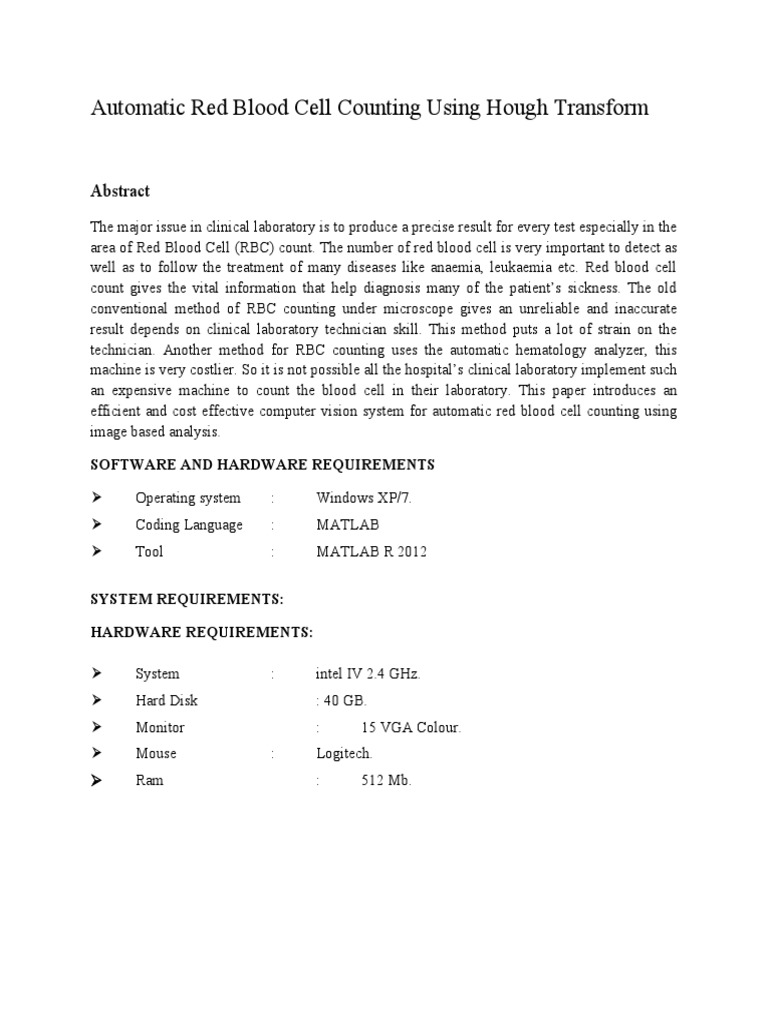 Automatic Red Blood Cell Counting Using Hough Transform: Software and Hardware Requirements | PDF