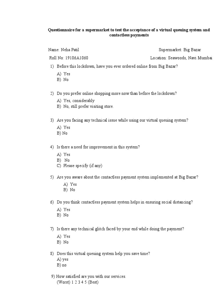 Questionnaire For A Supermarket To Test The Acceptance of A Virtual ...