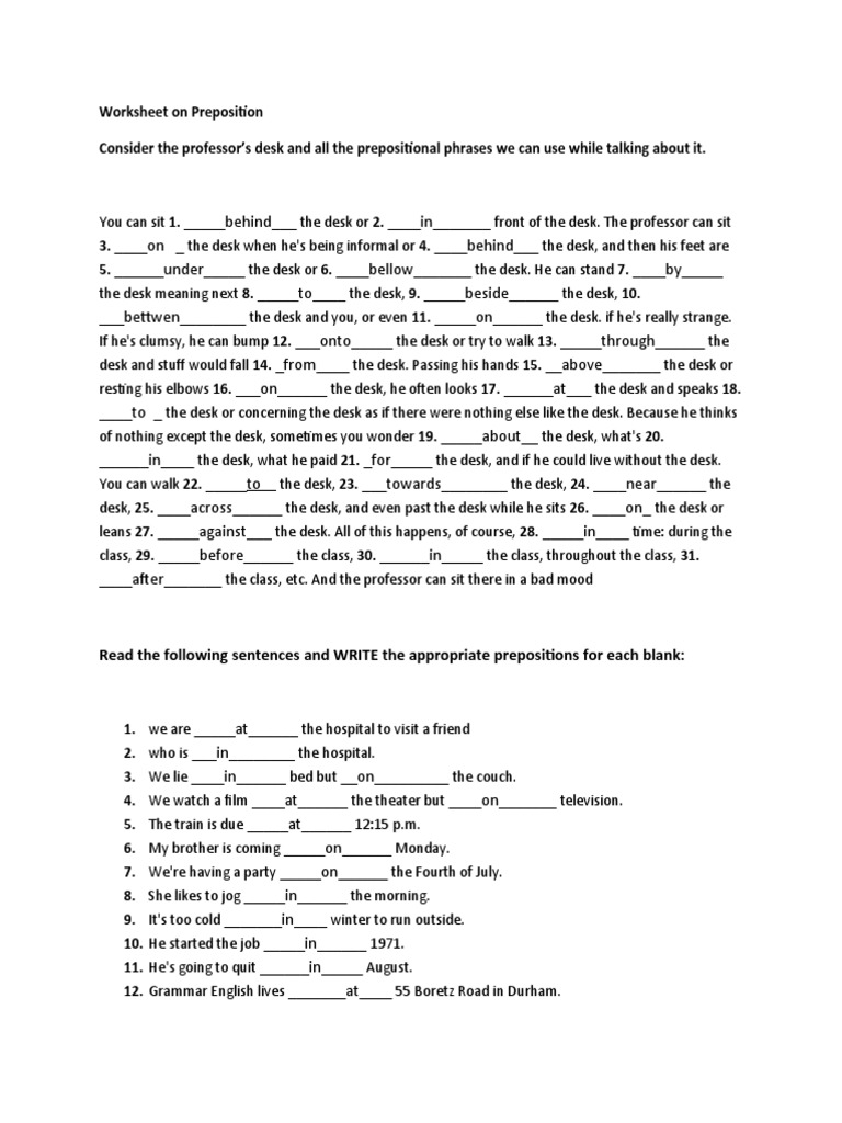 Worksheet On Preposition | PDF | Linguistic Typology | Cognitive Science