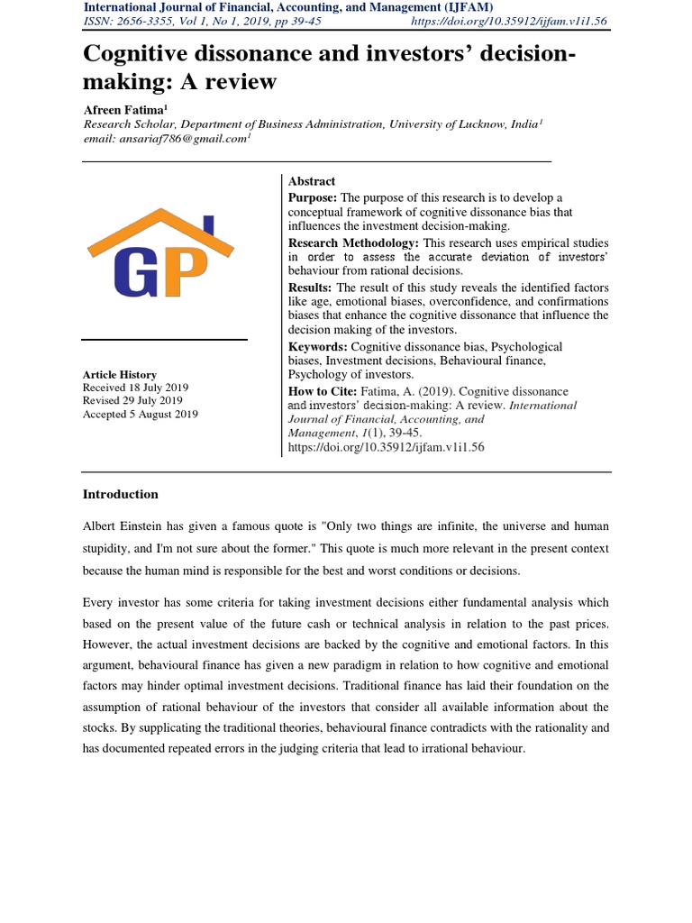 Cognitive Dissonance in Investment Decisions | PDF | Behavioral ...
