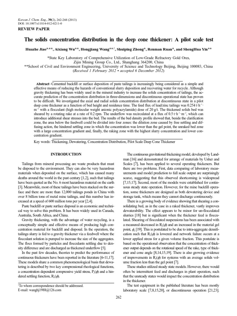 The Solids Concentration Distribution in The Deep Cone Thickener - A ...