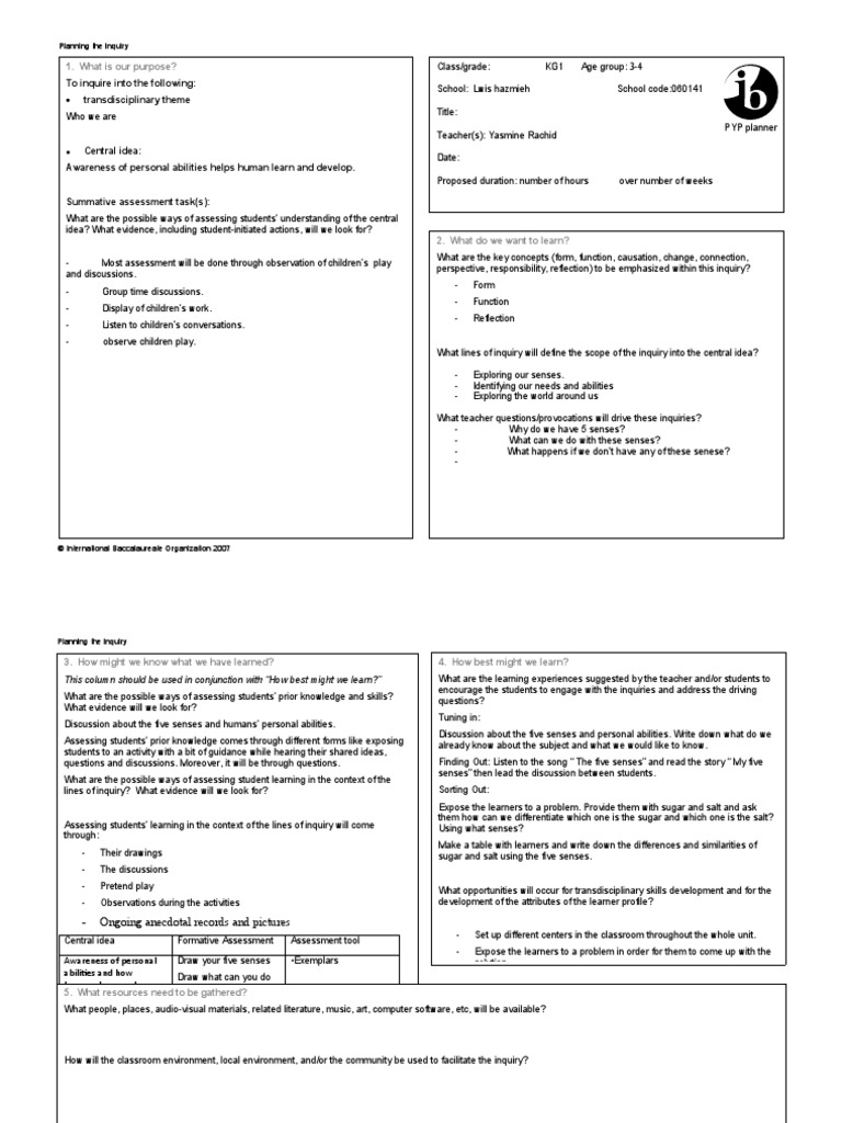 To Inquire Into The Following: Transdisciplinary Theme: 1. What Is Our ...