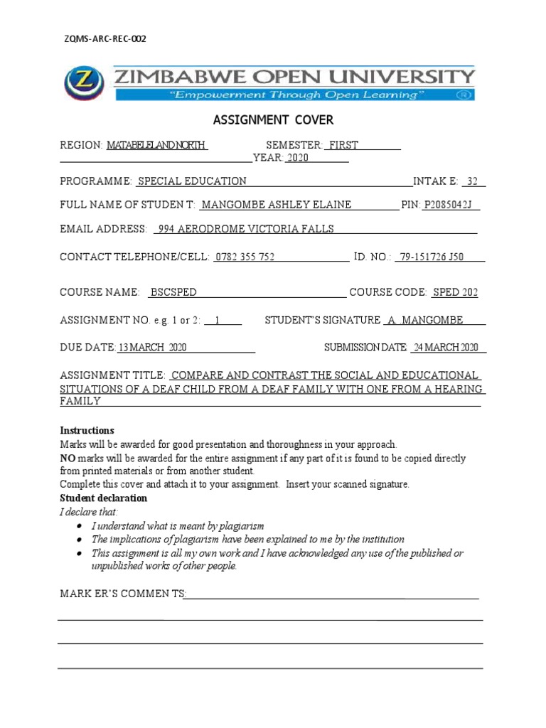 Assignment Cover: ZQMS-ARC-REC-002 | PDF | Hearing Loss | Sign Language