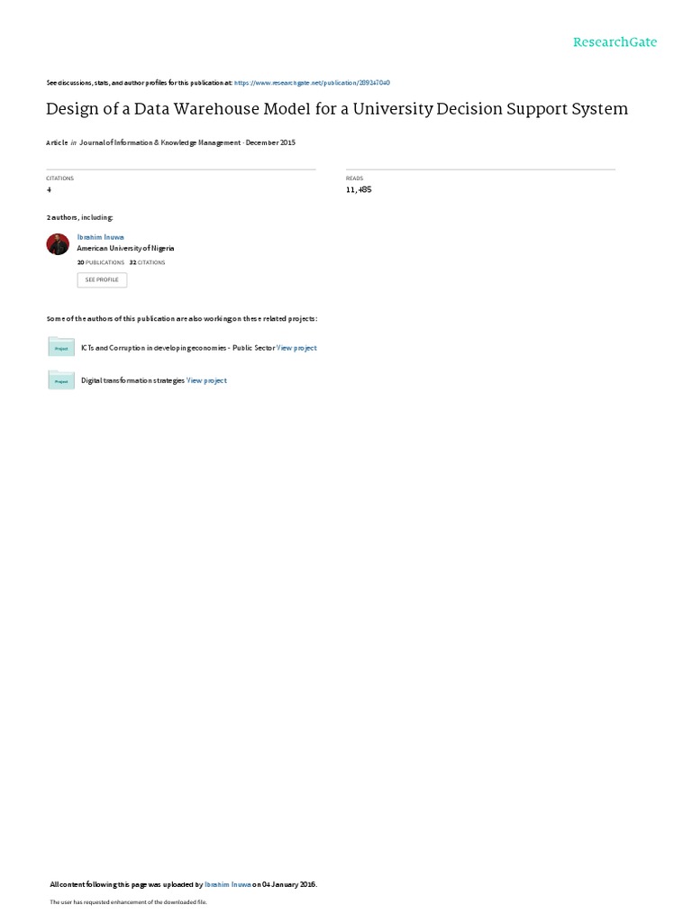 Design of A Data Warehouse Model For A University Decision Support ...