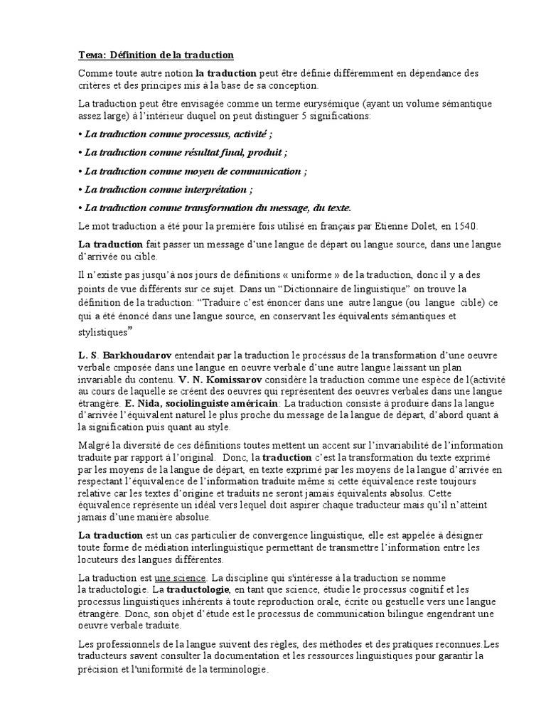 Cours 1 Définition de La Traduction | Download Free PDF | Traductions ...