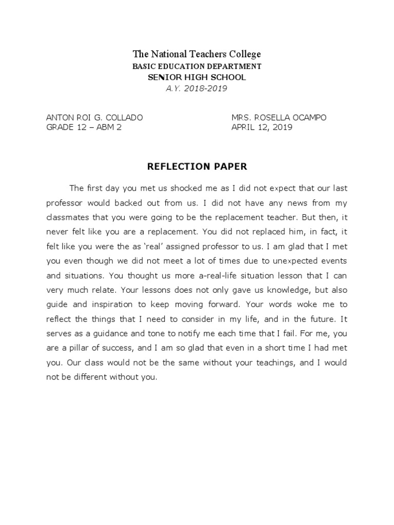 The National Teachers College: Reflection Paper | PDF | Behavior Modification | Cognition