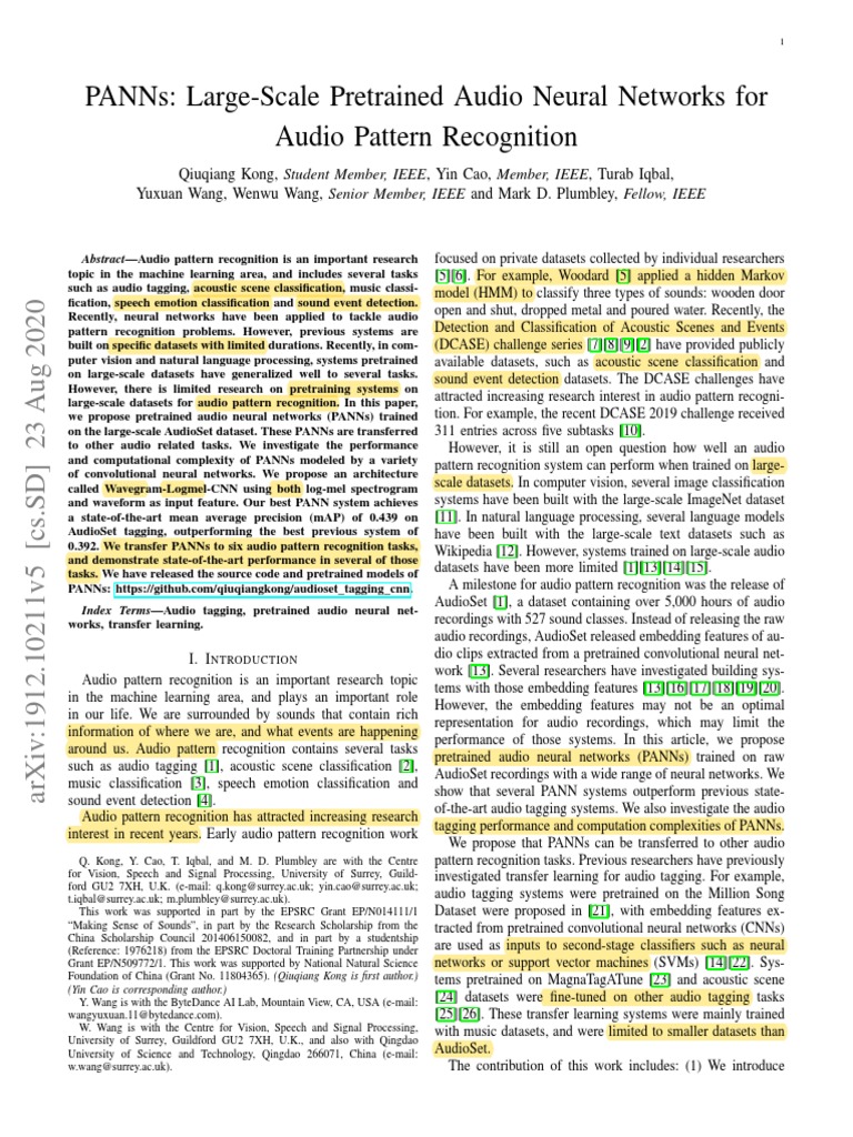 Panns: Large-Scale Pretrained Audio Neural Networks For Audio Pattern Recognition | PDF ...