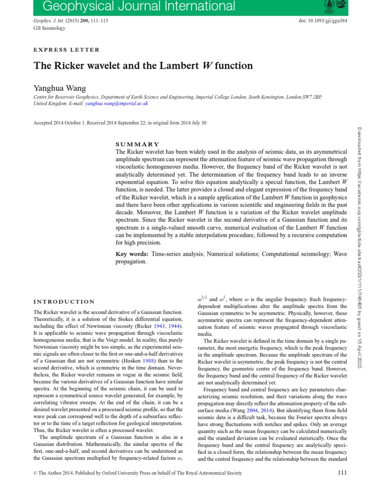 The Ricker Wavelet and The Lambert W Function: Yanghua Wang | PDF ...