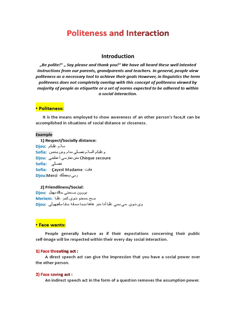 Politeness:: Example 1) Respect/Socially Distance | PDF | Social ...