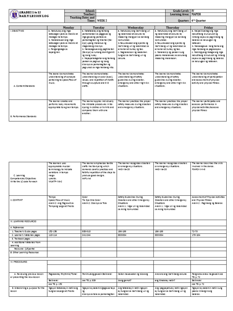 Grade 4 DLL MAPEH 4 Q4 Week 2 | PDF