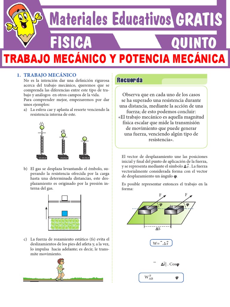 Trabajo Mecánico y Potencia Mecánica para Quinto Grado de Secundaria | PDF | Fuerza | Vector ...