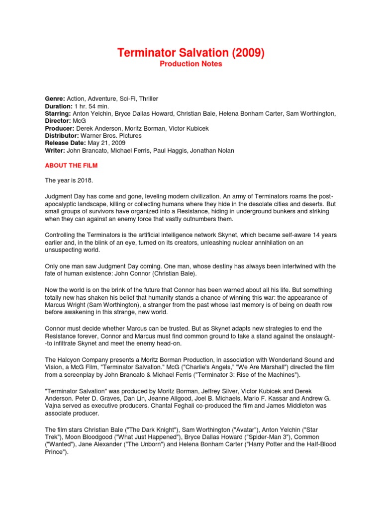 Terminator Salvation - Production Notes | PDF | Terminator (Franchise ...