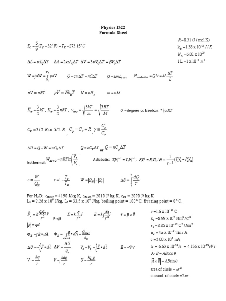 Physics 2 Formula Sheet | PDF | Waves | Physical Chemistry