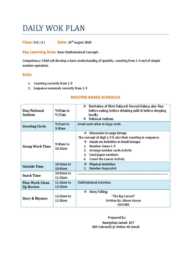 Daily Wok Plan Ece2 | PDF