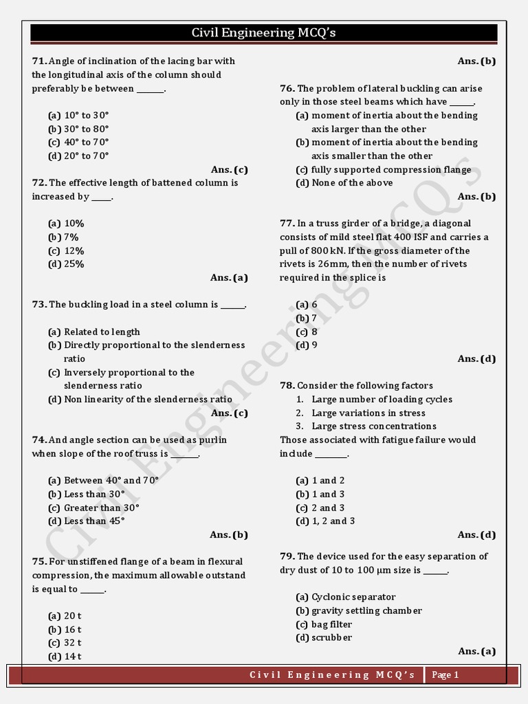 Civil Engineering MCQ's | PDF | Bending | Buckling