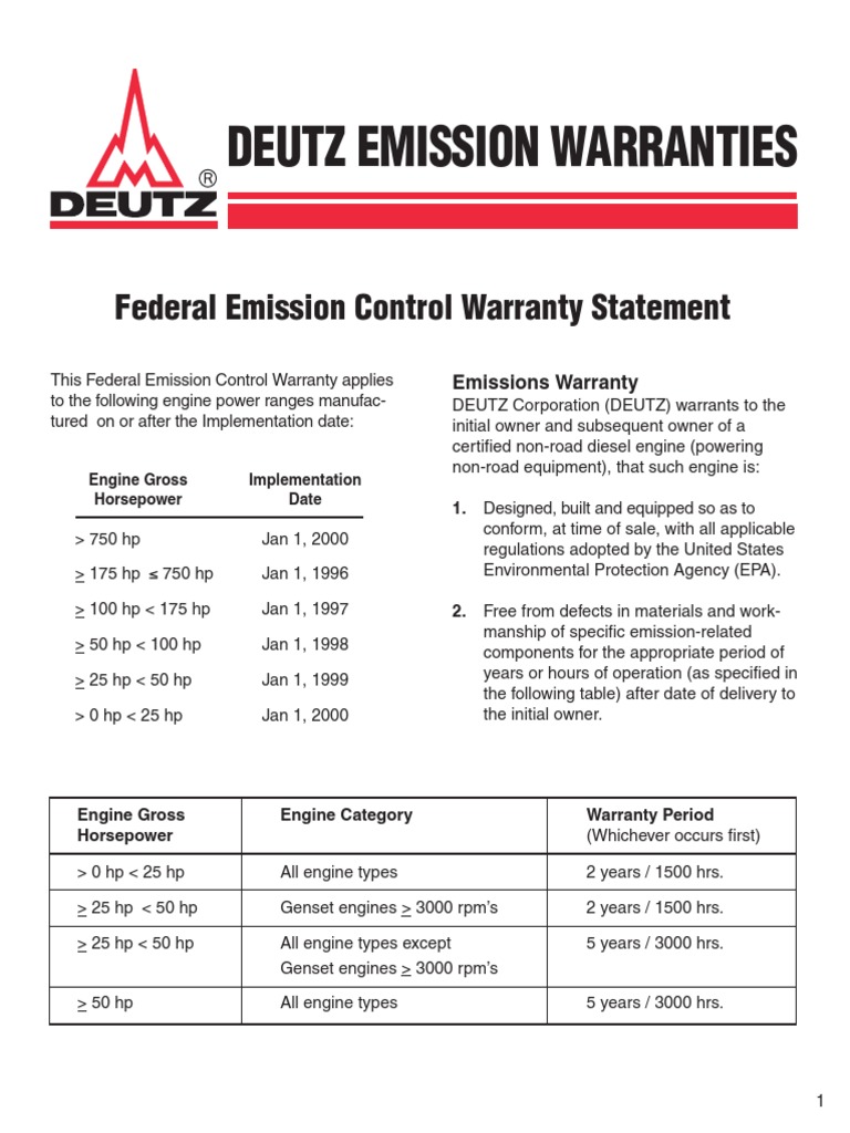DEUTZ Emission Control Warranty Details | PDF | Horsepower | Engines