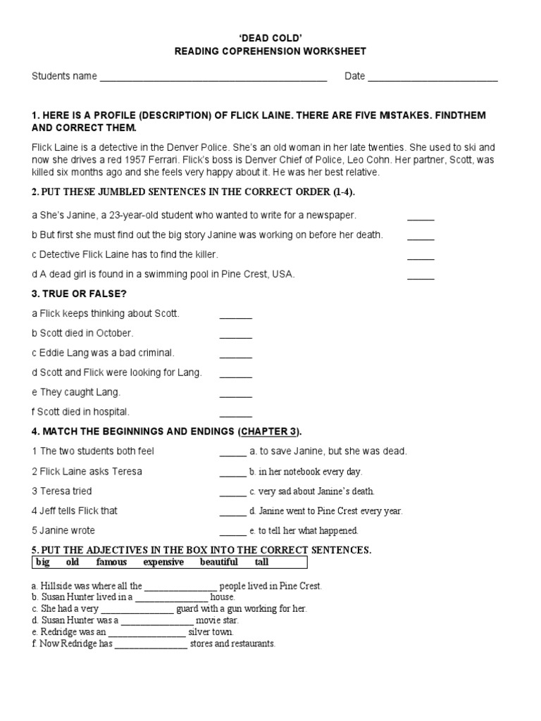 Dead Cold Reading Comprehension Worksheet | PDF | Violence