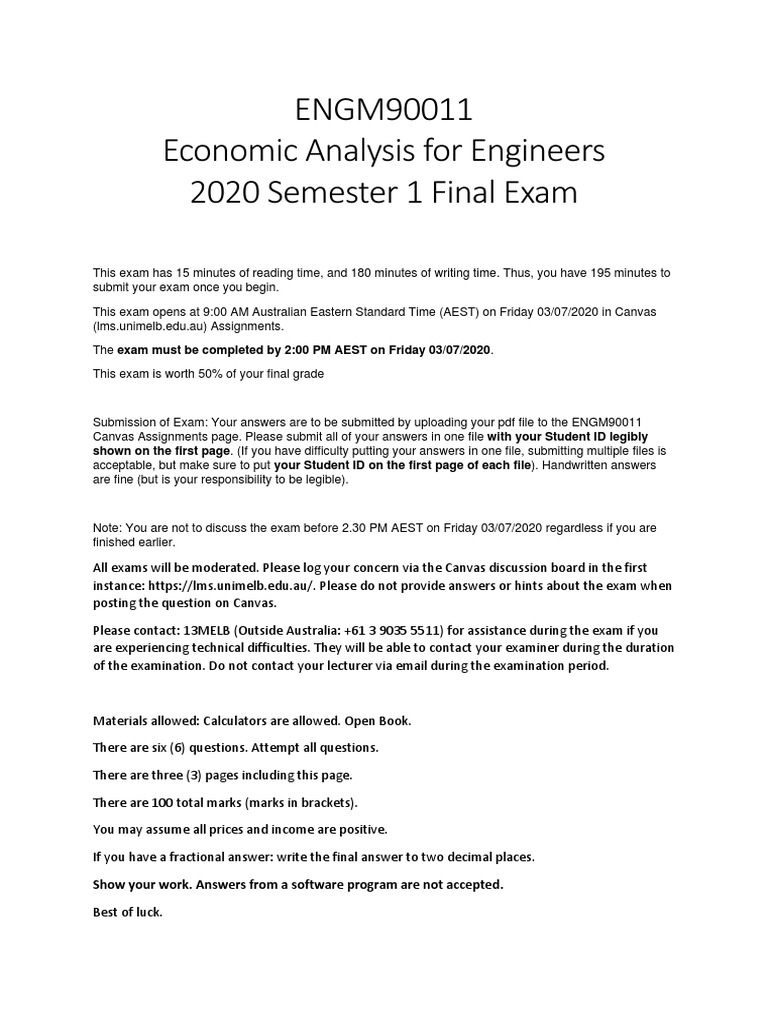 ENGM90011 2020 Final Exam PDF | PDF | Test (Assessment) | Microeconomics