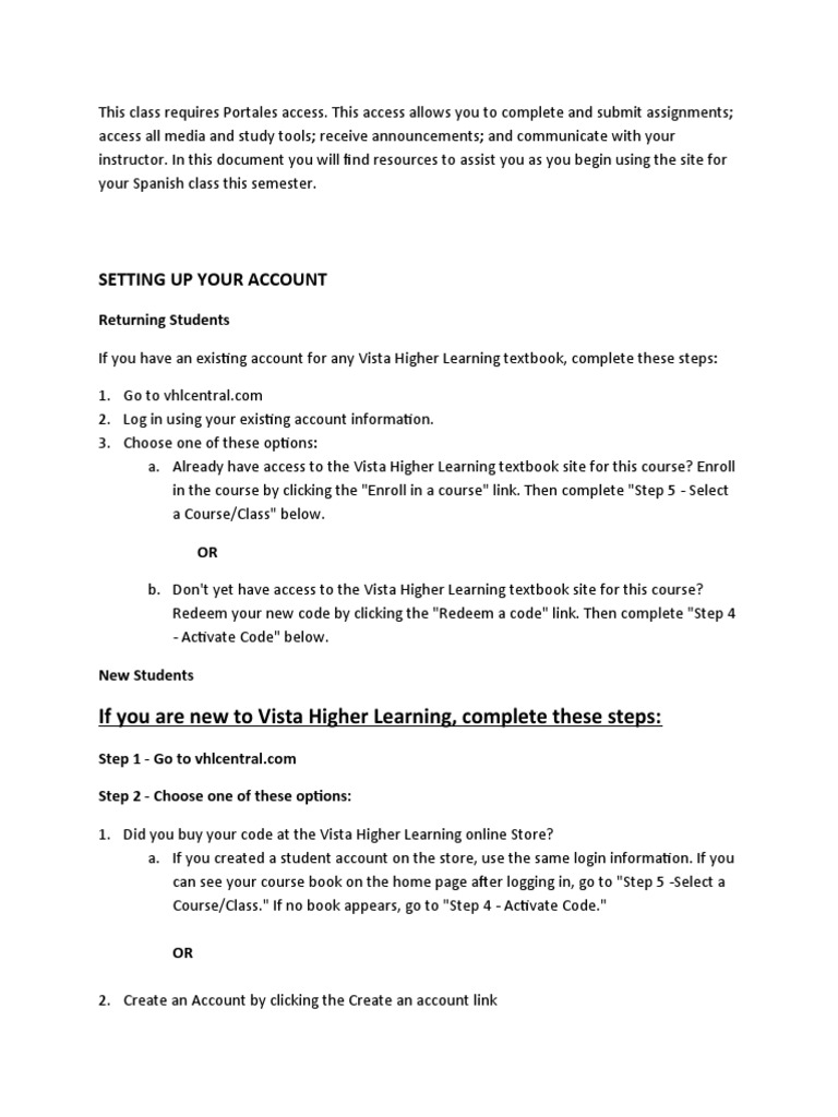 Setting Up Your Account: If You Are New To Vista Higher Learning ...