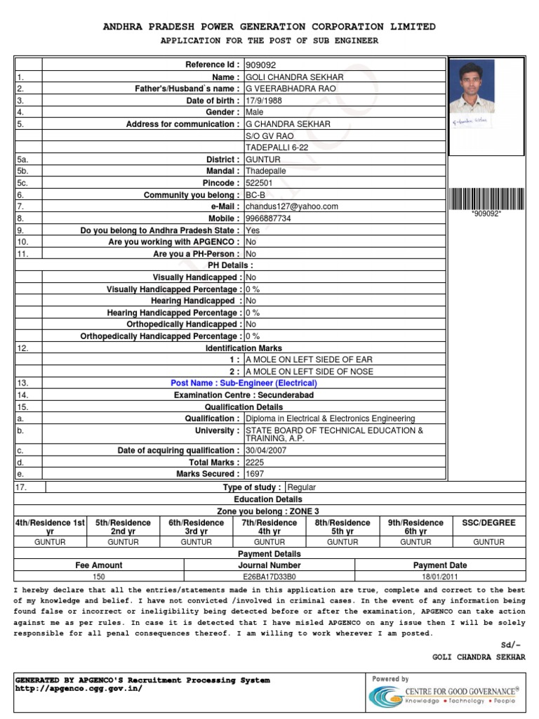 APGENCO Sub Engineer Application Form | PDF