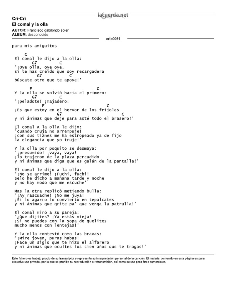 Cri-Cri, El Comal y La Olla - Letra y Acordes | PDF