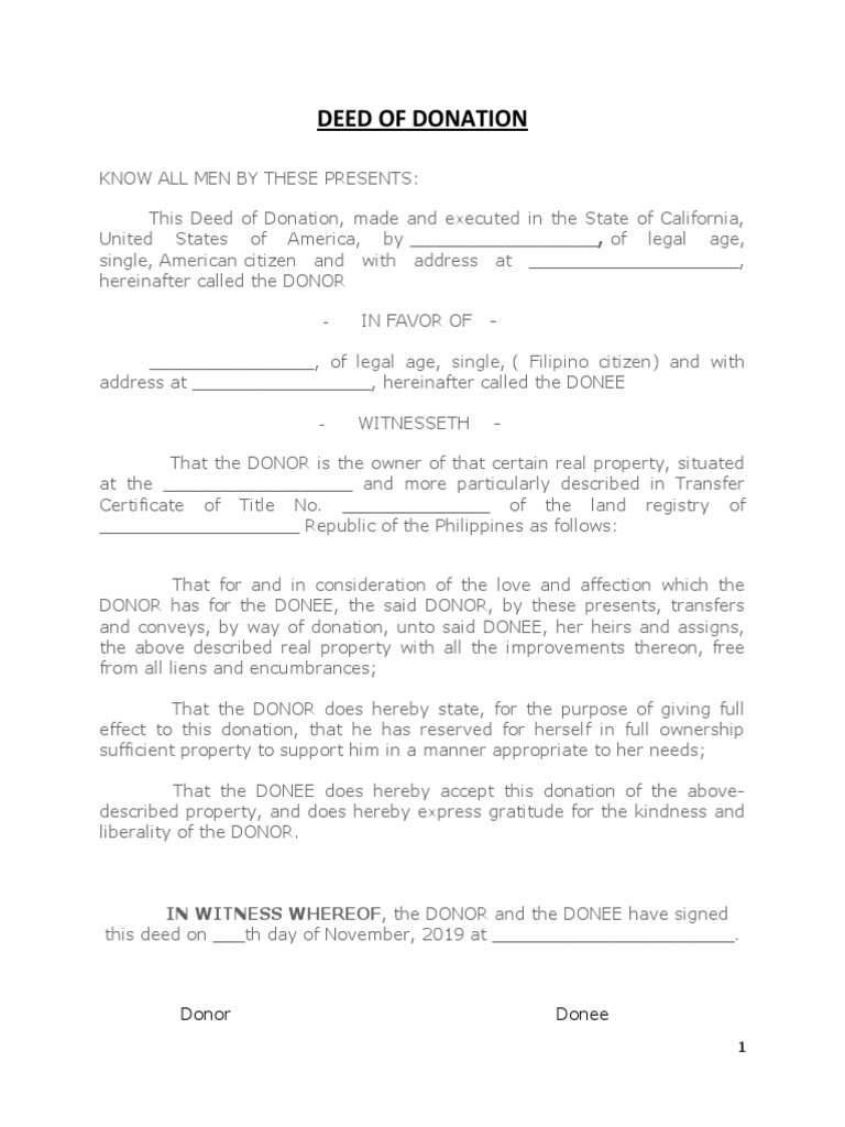 Deed of Donation: - , of Legal Age, Single, (Filipino Citizen) and With ...