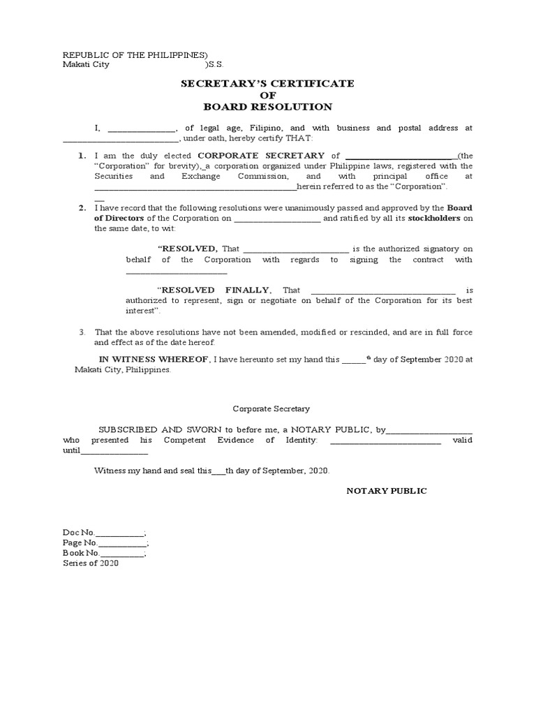 Sec Cert of A Board Resolution - Sample | PDF