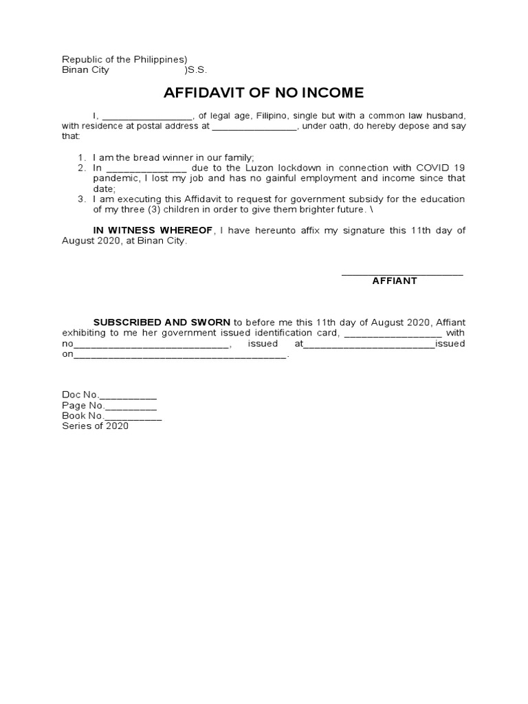 Affidavit of No Income - Sample | PDF | Social Science | Law