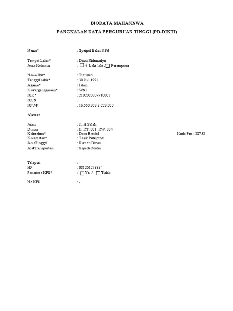 Format Biodata PD-DIKTI | PDF